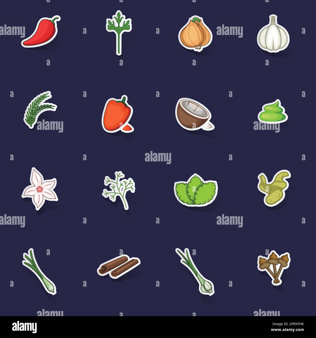 Spice icons set stikers collection vector with shadow on purple ...