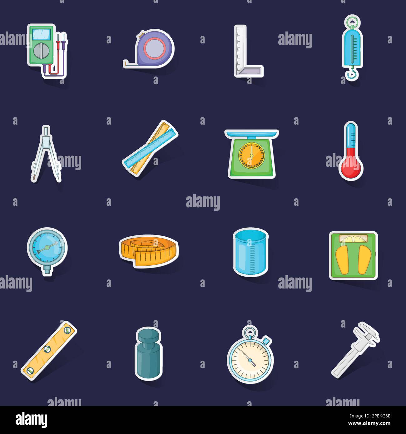 Measure tools icons set stikers collection vector with shadow on purple ...