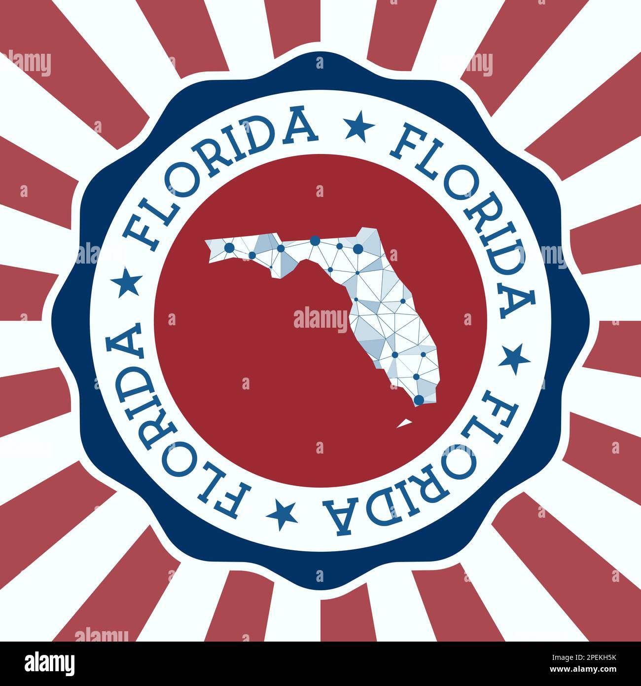 Florida Badge. Round logo of US state with triangular mesh map and radial rays. EPS10 Vector ...