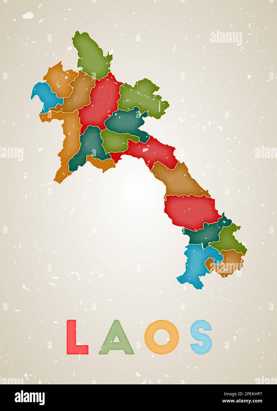 Laos map. Country poster with colored regions. Old grunge texture ...