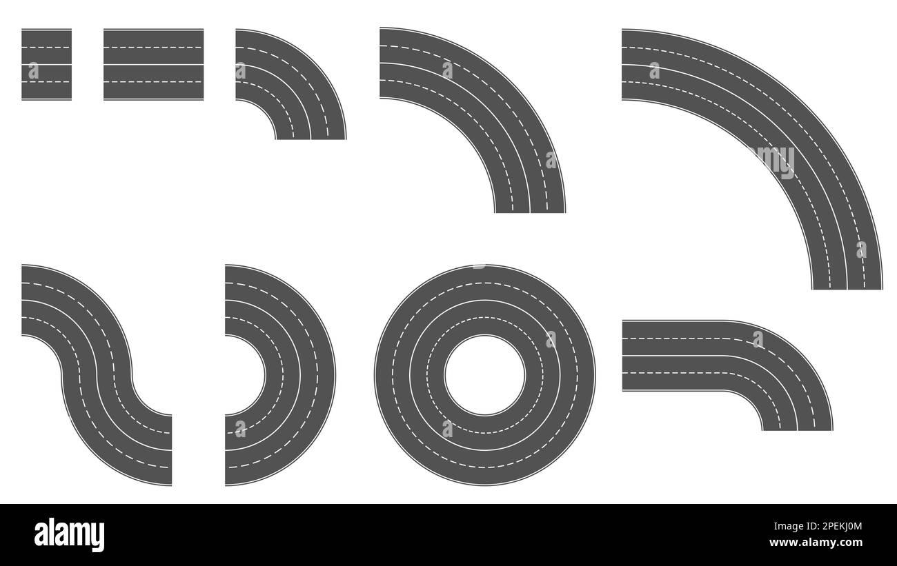 Set of gray section of road with four lanes separated by dashed line ...