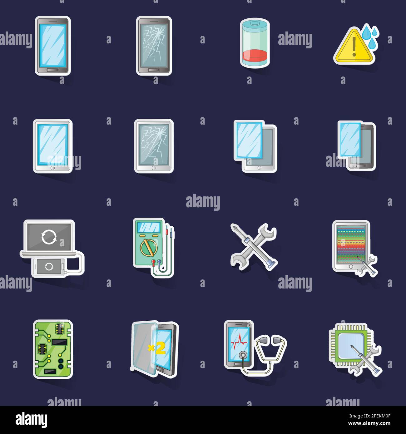 Broken phones fix icons set stikers collection vector with shadow on purple background Stock ...