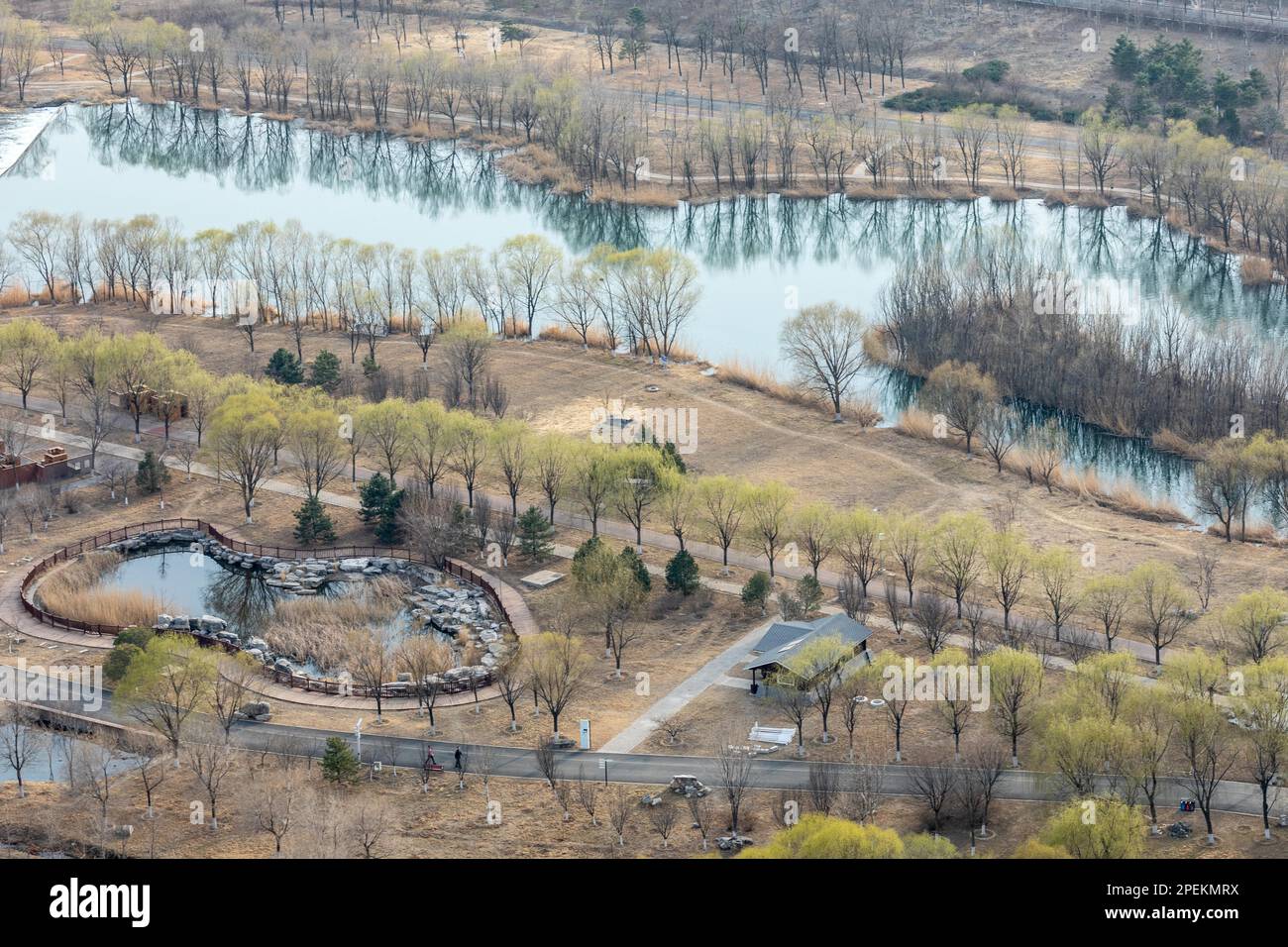 Aerial photo shows the spring scenery of Shougang Park in Beijing ...