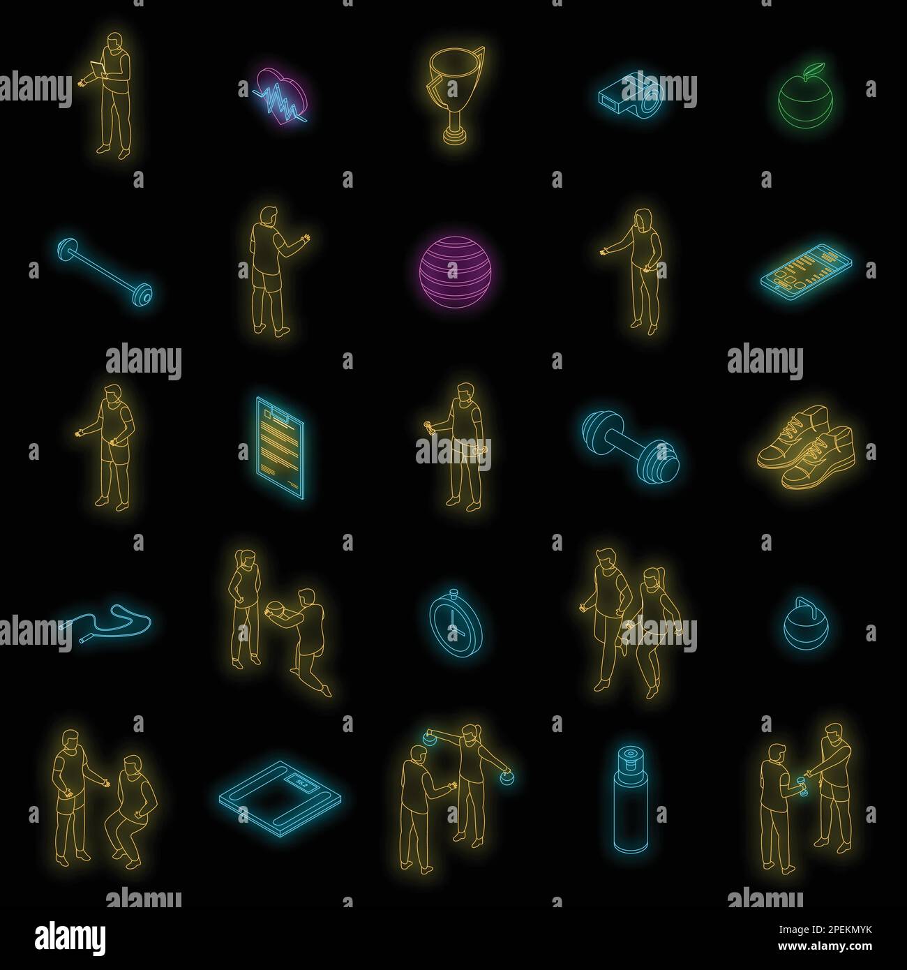 Personal trainer icons set. Isometric set of personal trainer vector ...