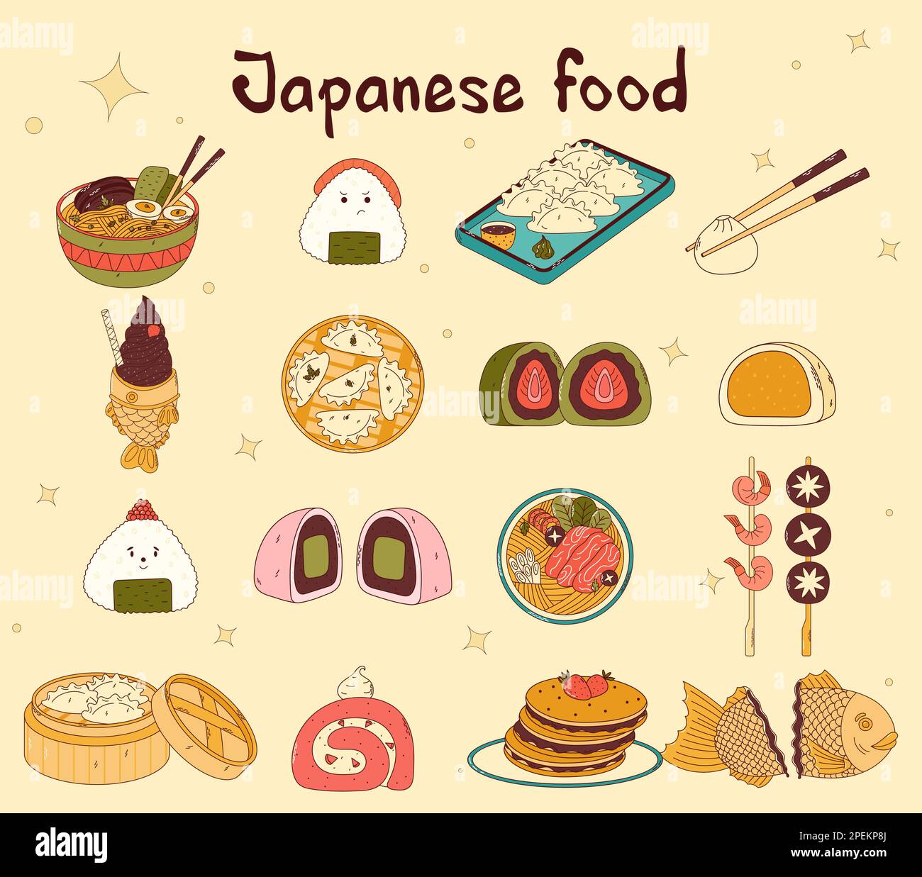 Traditional Japanese food. Asian yakitori skewers, ramen, dumplings ...