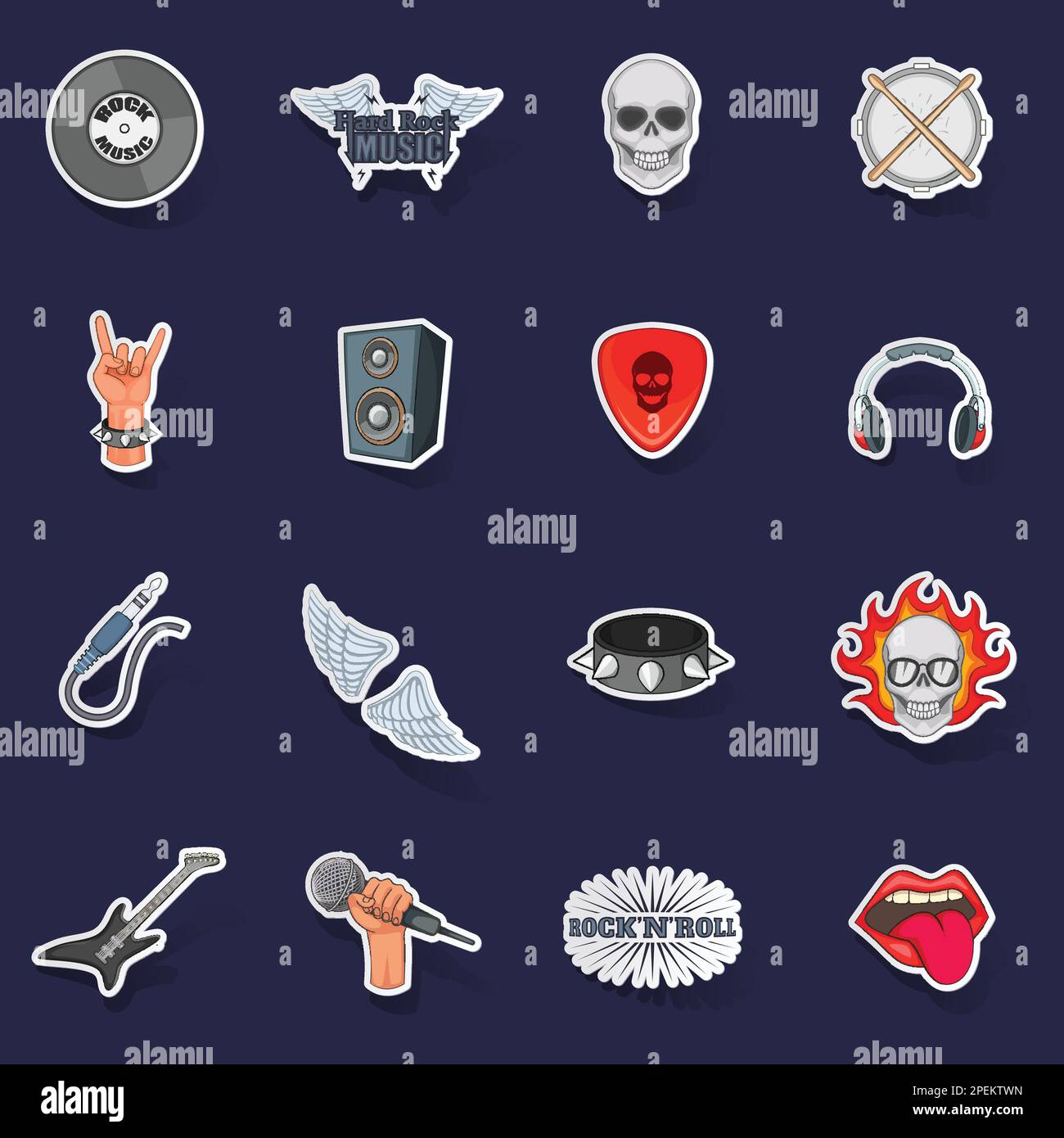 Rock music icons set stikers collection vector with shadow on purple ...