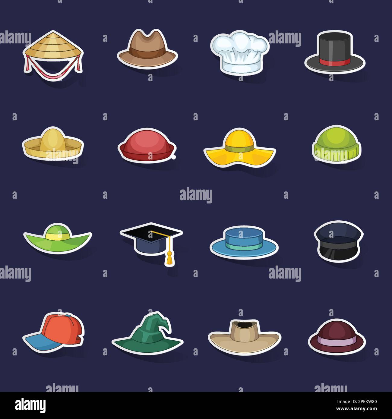 Hat cap icons set stikers collection vector with shadow on purple ...