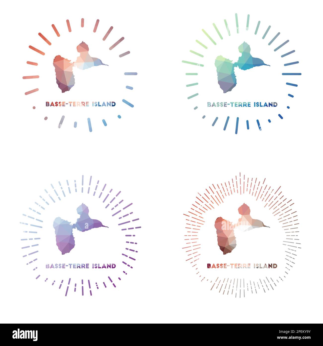 Basse-Terre Island low poly sunburst set. Logo of island in geometric ...