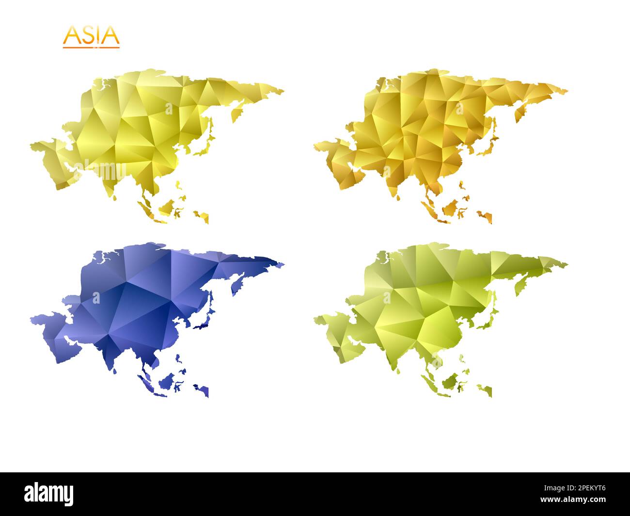 Set of vector polygonal maps of Asia. Bright gradient map of continent ...