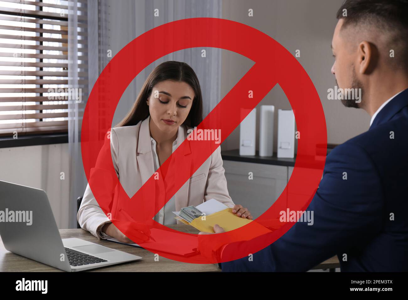 Stop corruption. Illustration of red prohibition sign and man giving ...