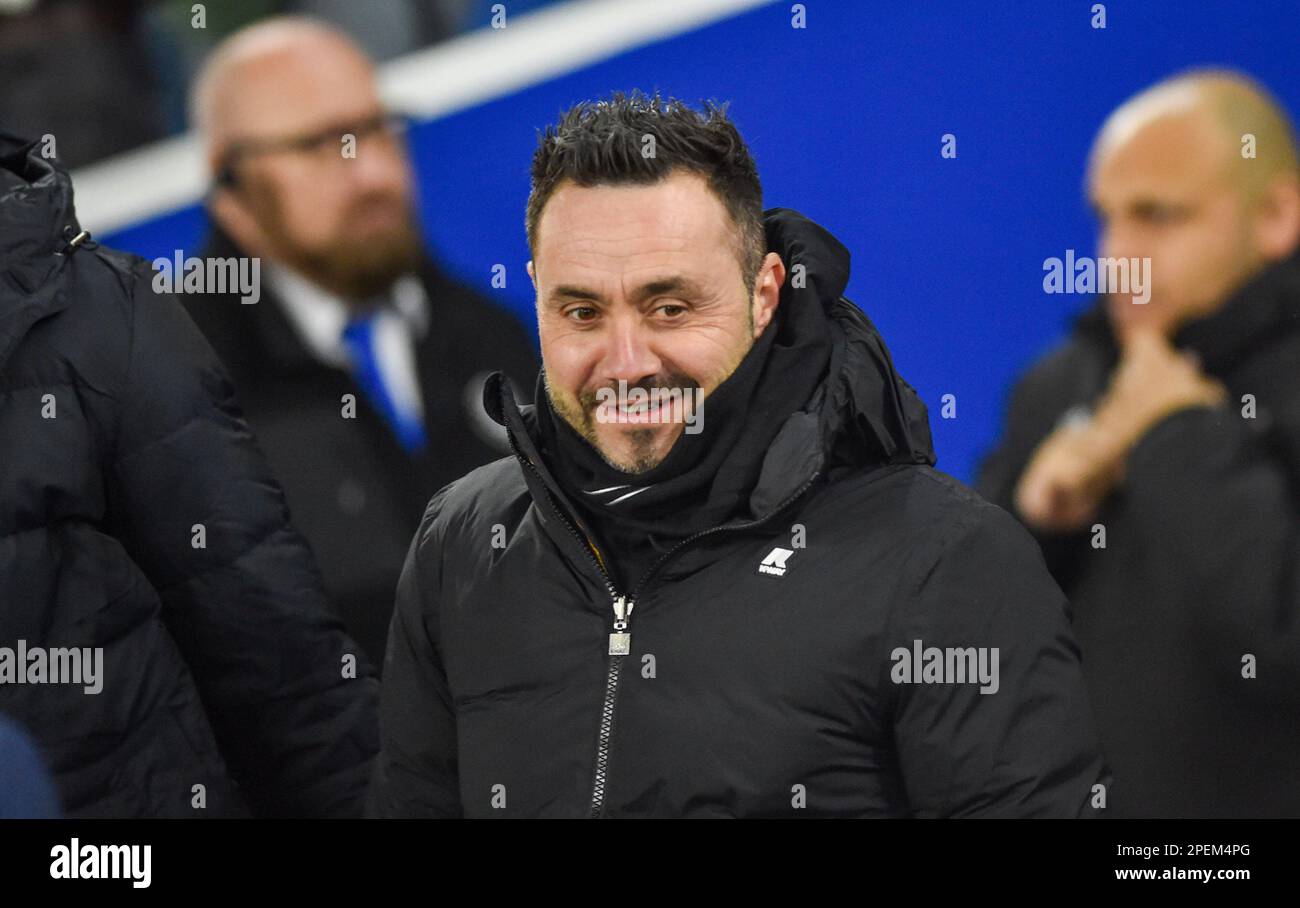 Brighton head coach Roberto De Zerbi looks happy during the Premier ...