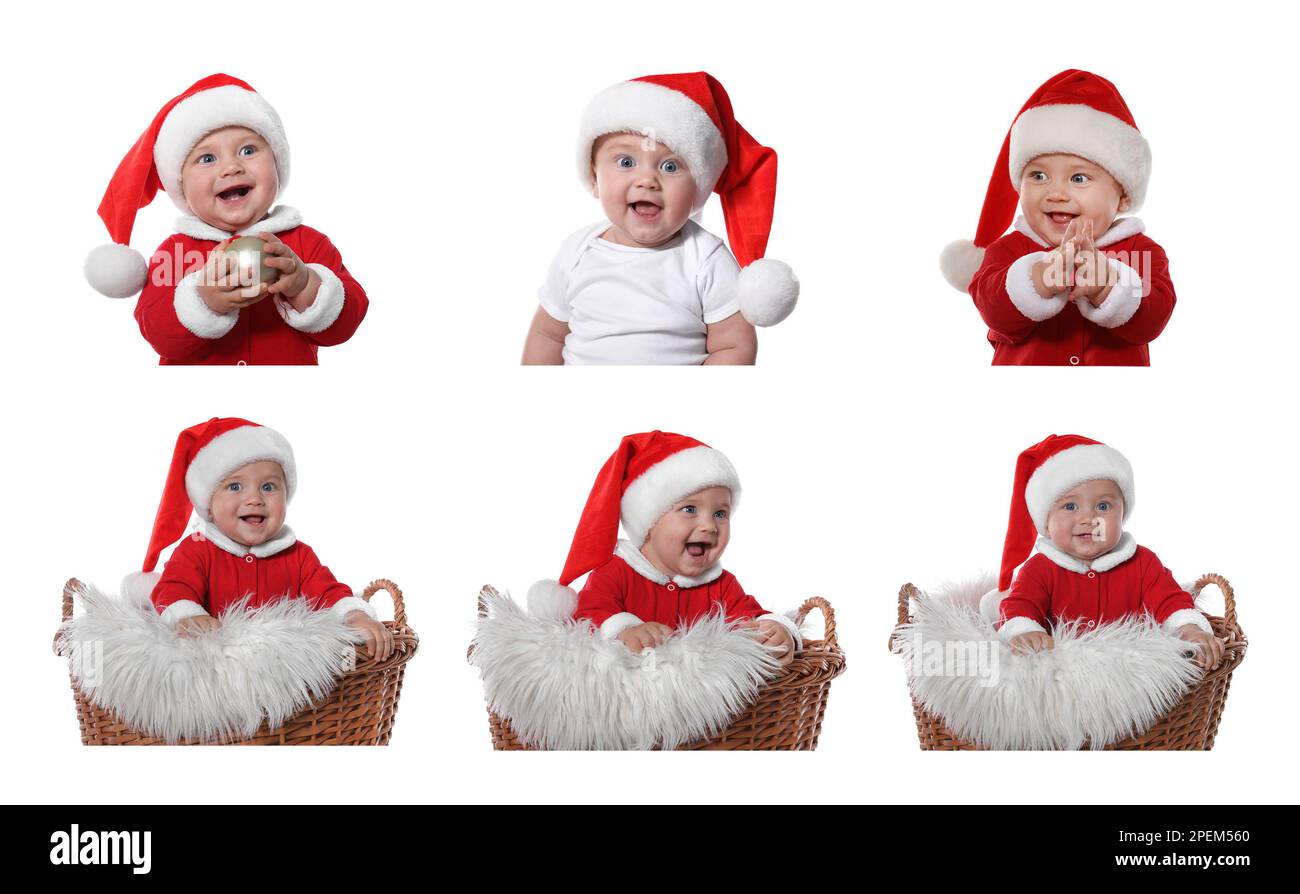 Collage with photos of cute baby on white background. First Christmas ...
