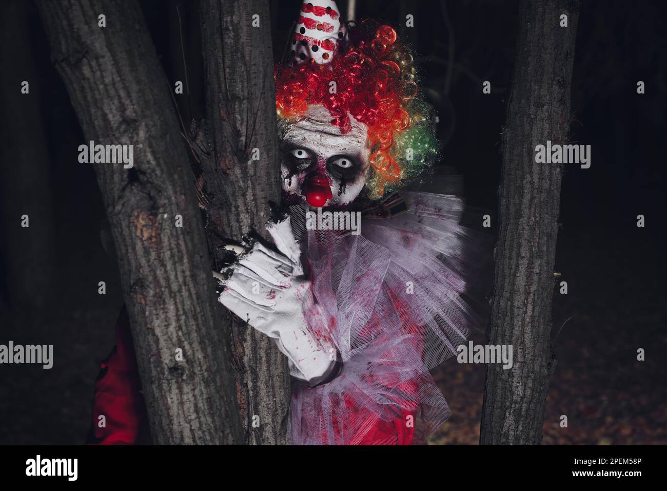 Terrifying clown hiding behind trees outdoors at night. Halloween party ...