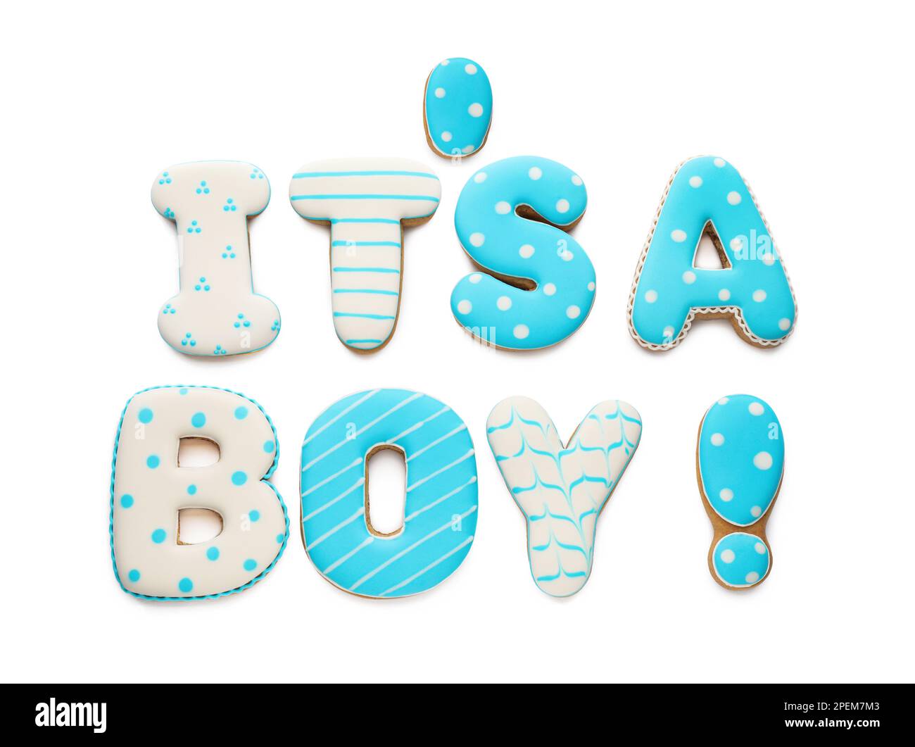 Phrase IT IS A BOY made of tasty cookies on white background, top view ...