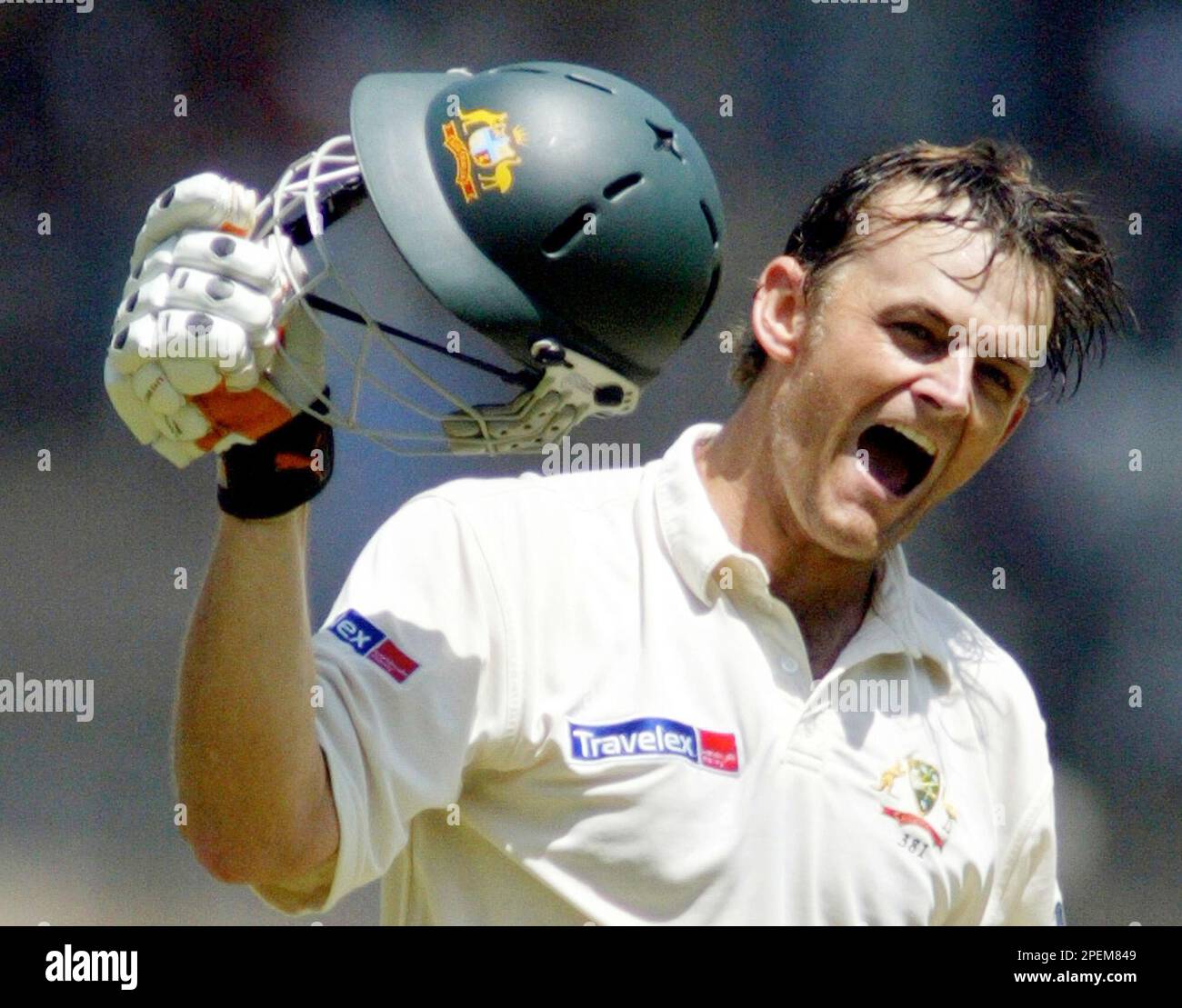 Australia's acting Captain Adam Gilchrist celebrates his century ...