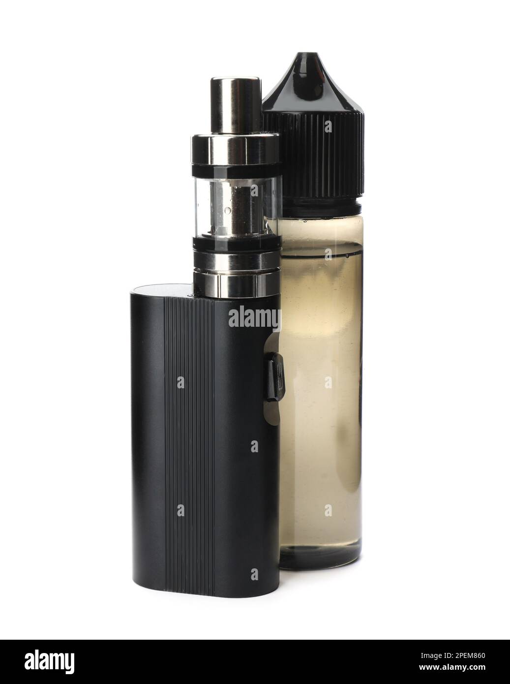 Electronic smoking device and vaping liquid on white background Stock ...