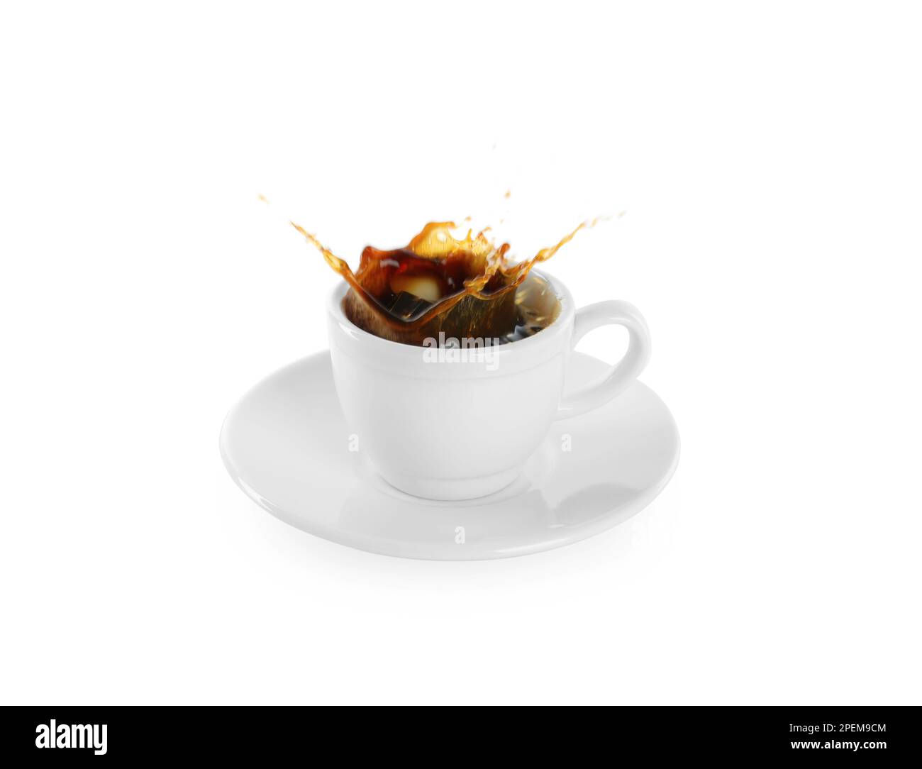 Coffee splashing out of cup on white background Stock Photo - Alamy