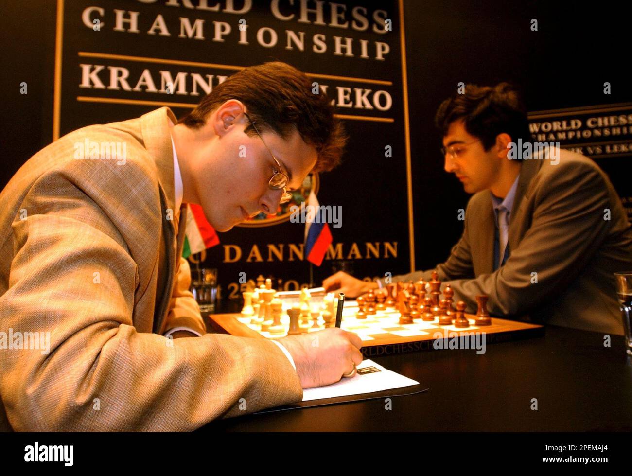 Challenger Peter Leko, from Hungary, left, plays against world chess ...