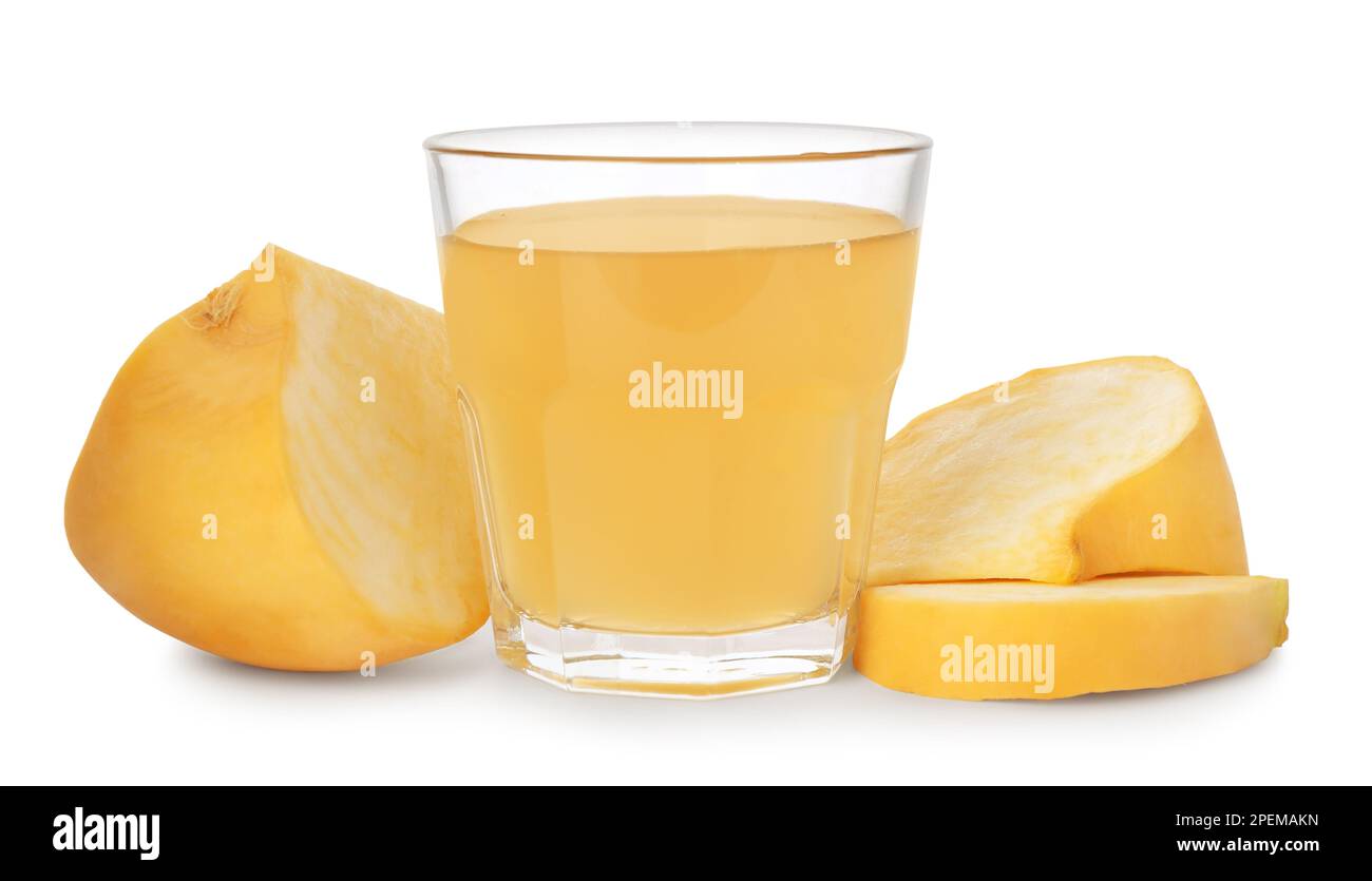 Glass of freshly made turnip juice on white background Stock Photo - Alamy