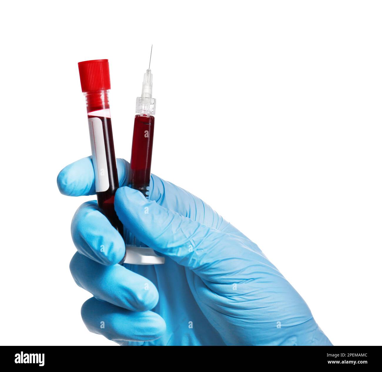 Nurse holding syringe and sample tube with blood on white background ...