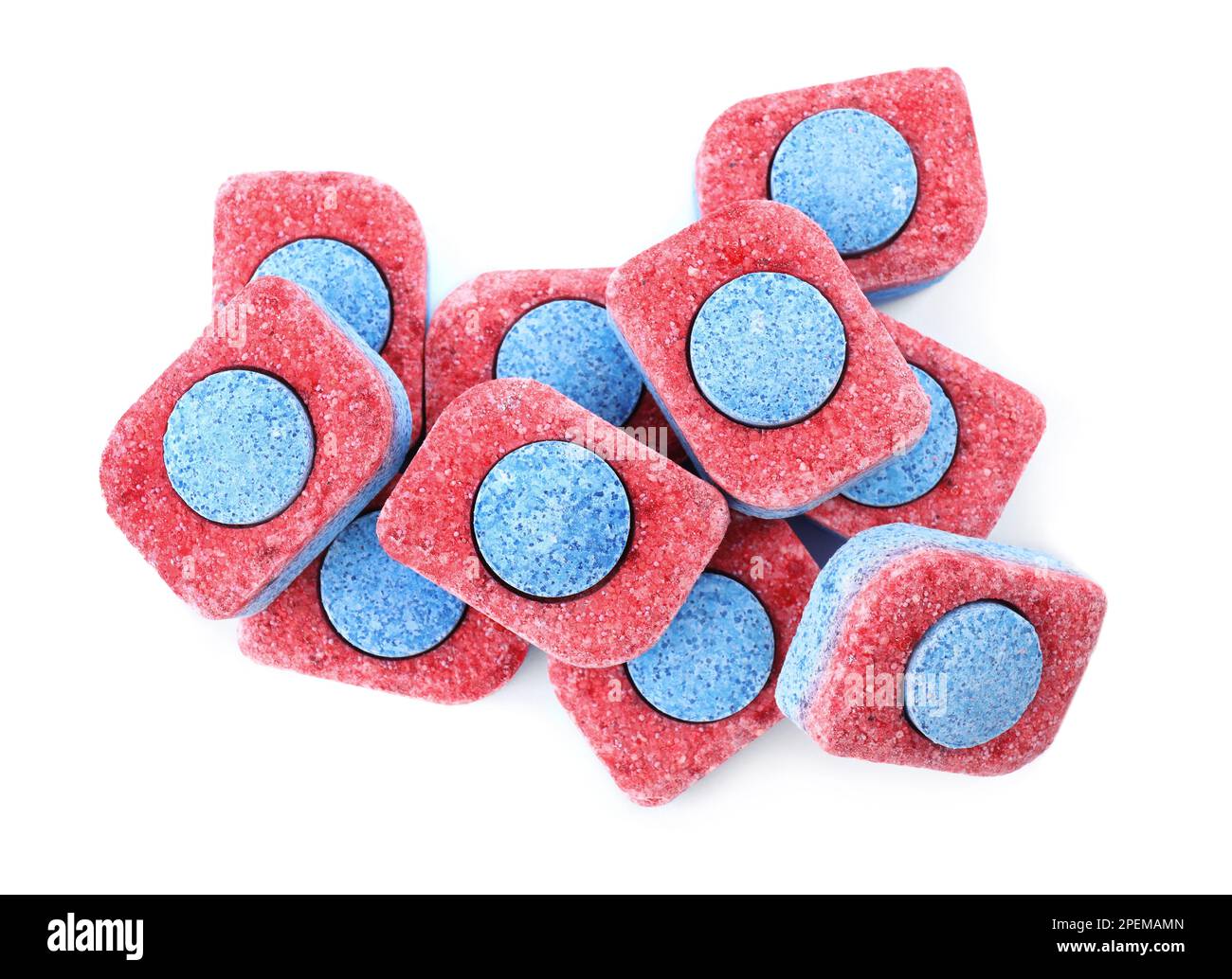 Pile of dishwasher detergent tablets on white background, top view ...