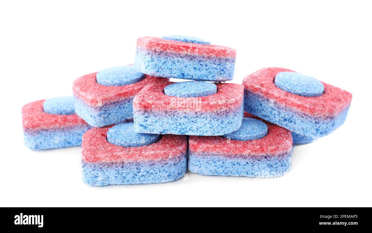 Pile of dishwasher detergent tablets on white background Stock Photo ...