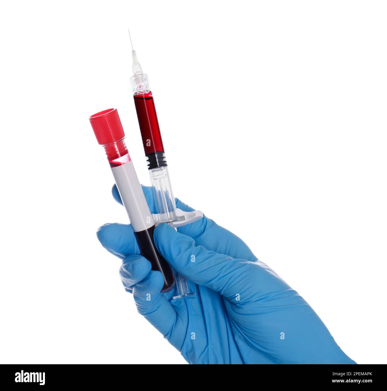 Nurse holding syringe and sample tube with blood on white background ...