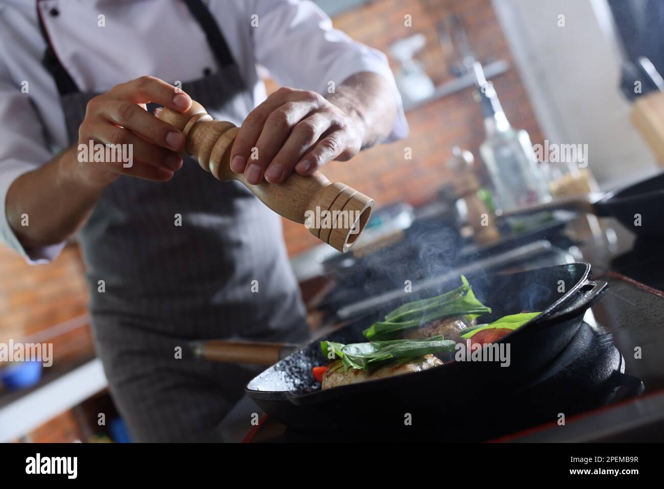 Professional chef cooking meat on stove in restaurant kitchen, closeup ...