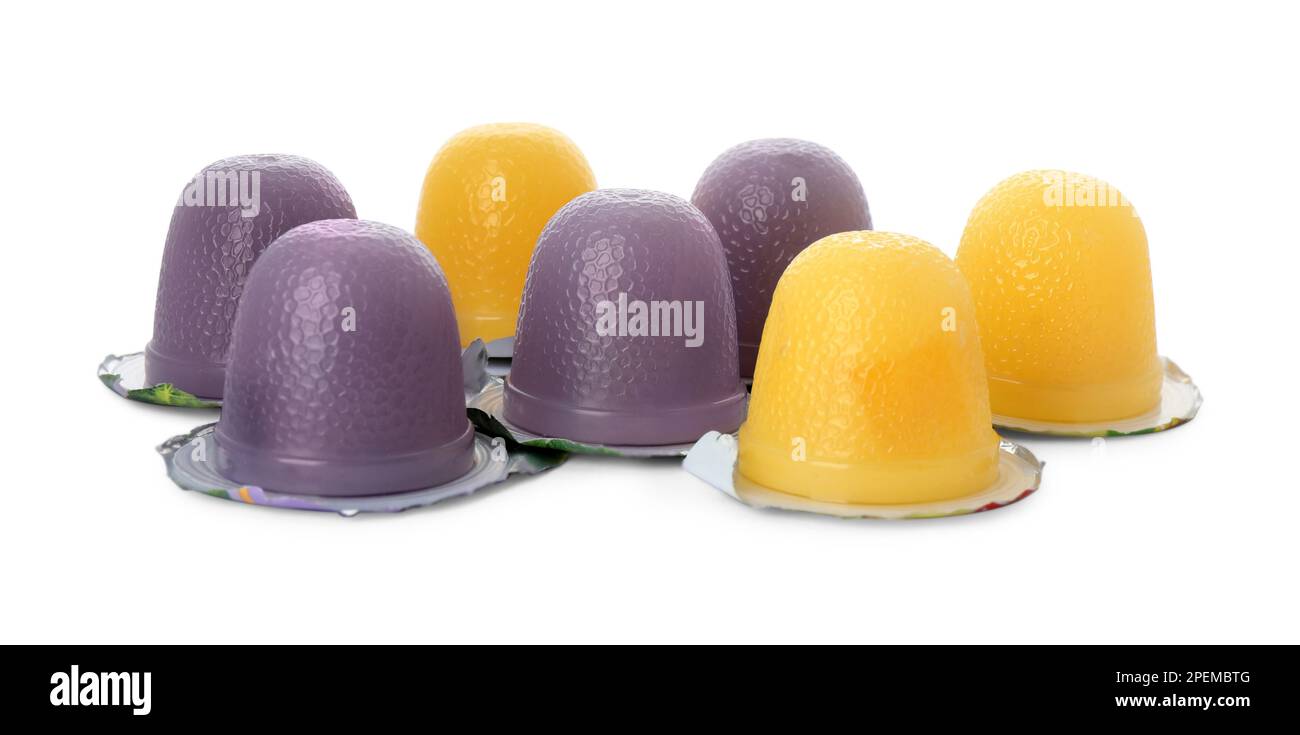 Tasty bright jelly cups on white background Stock Photo - Alamy