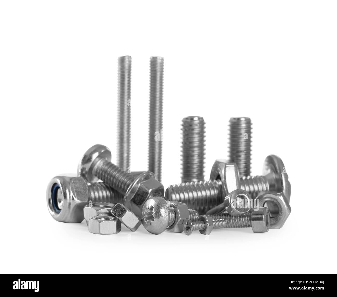 Different metal bolts and nuts on white background Stock Photo - Alamy