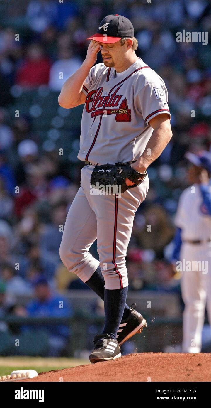 Atlanta Braves pitcher Paul Byrd wipes his head during a tough, 5-run ...