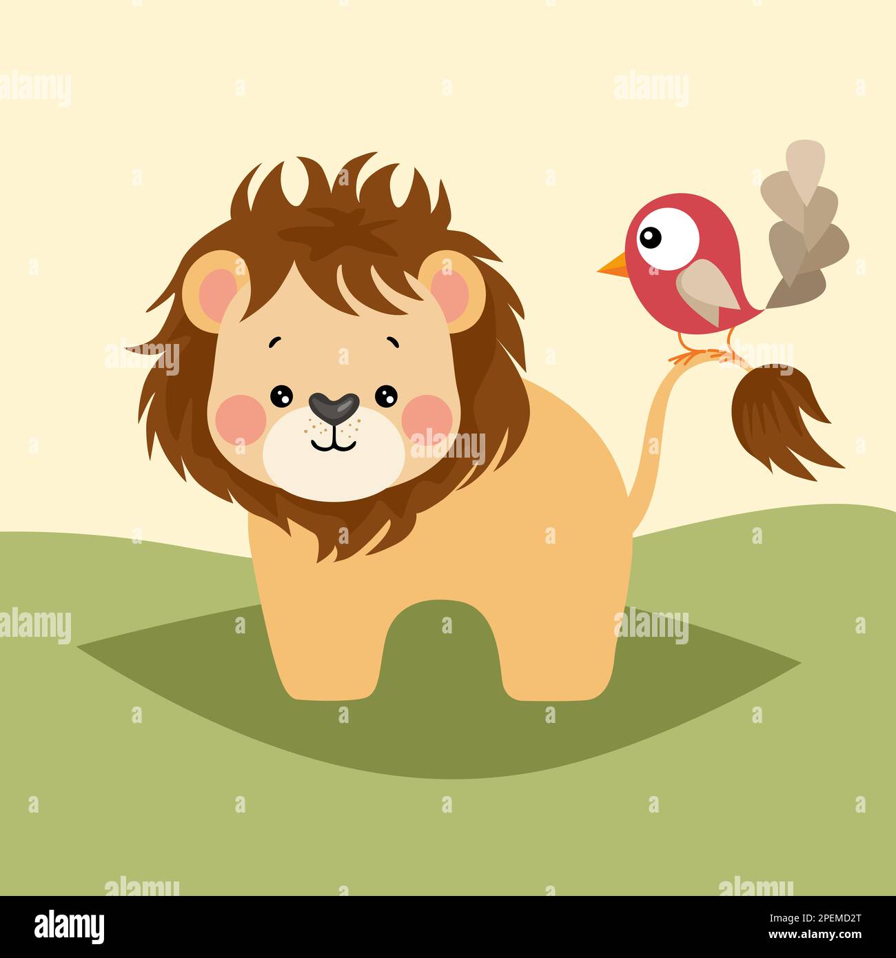 Cute illustration with friendly lion and little red bird Stock Photo ...