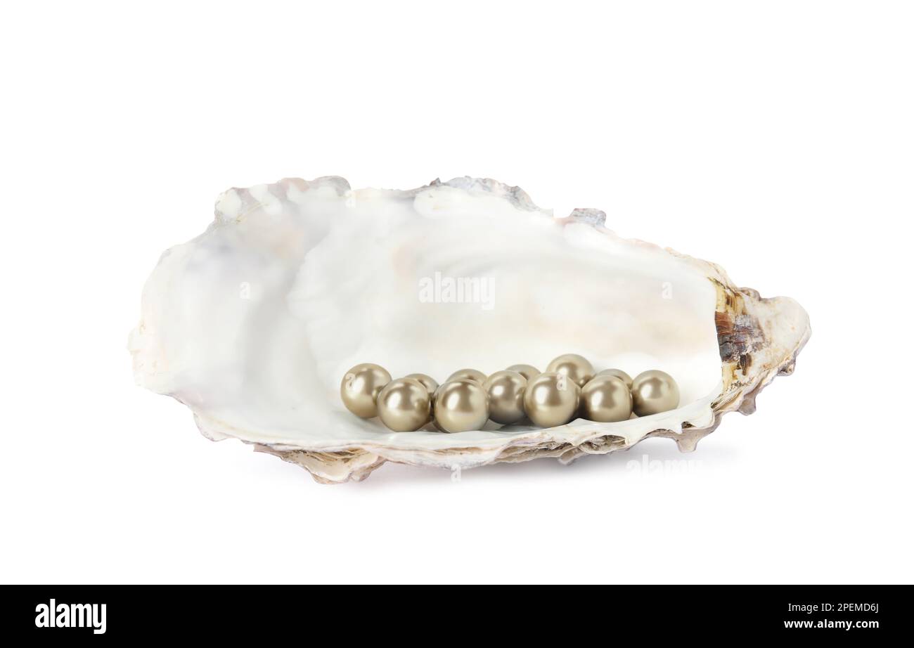 Oyster shell with golden pearls on white background Stock Photo - Alamy