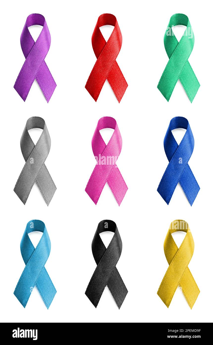 Set with different color ribbons on white background. World Cancer Day ...