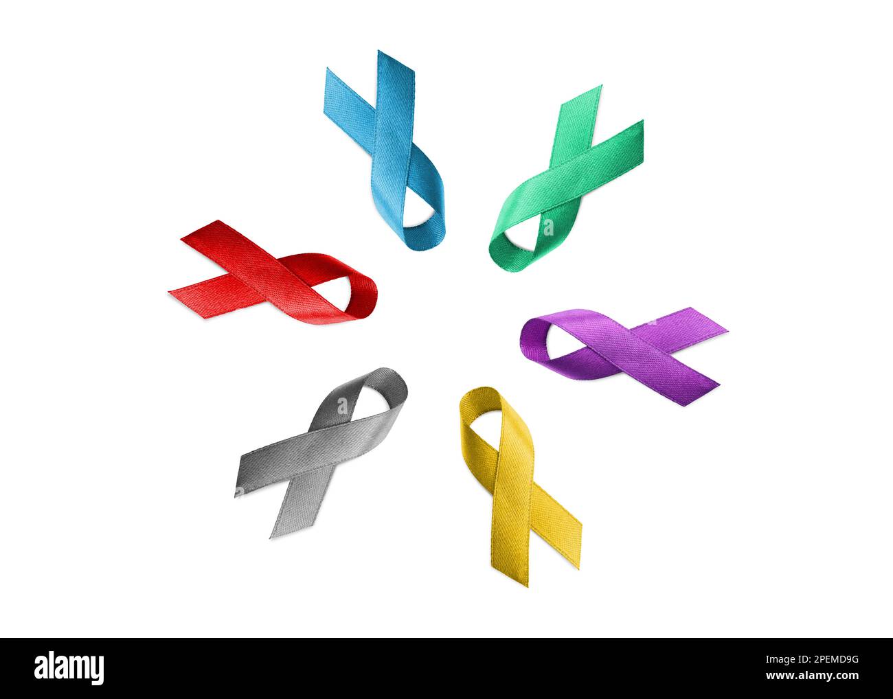 Set with different color ribbons on white background, top view. World ...