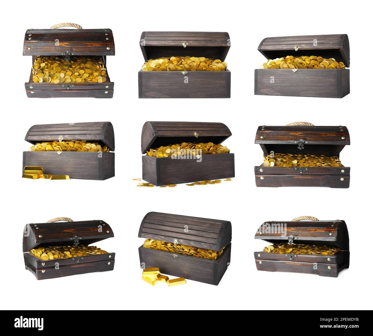 Set with treasure chests full of gold coins on white background Stock ...