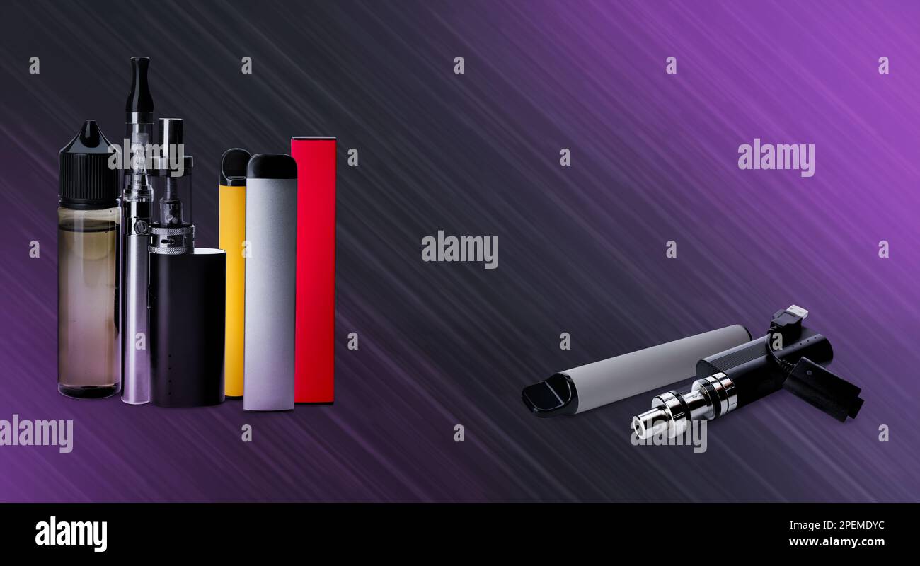 Different electronic smoking devices on color background. Banner design ...