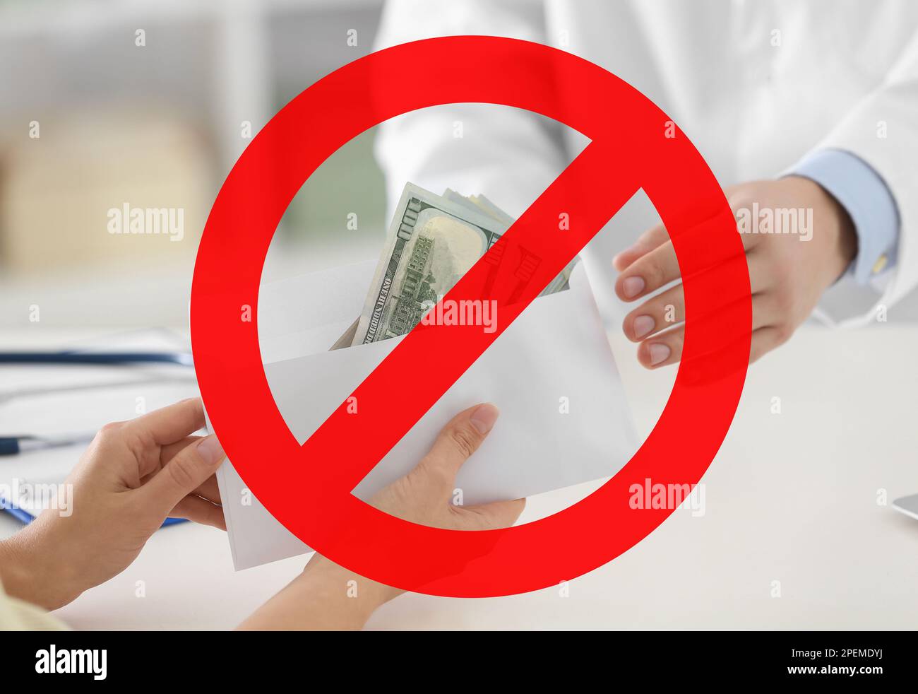 Stop corruption. Illustration of red prohibition sign and patient ...