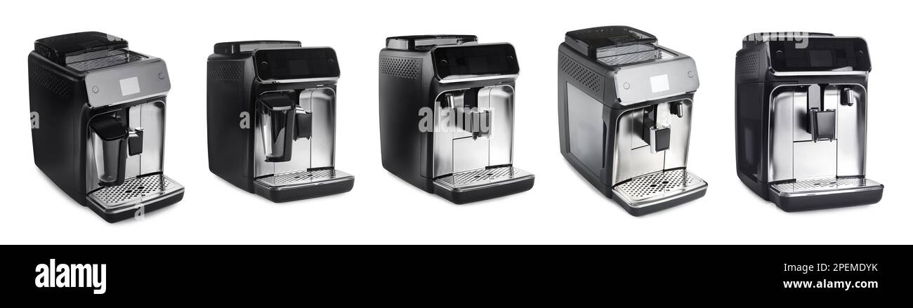 Set with modern electric coffee machines on white background. Banner ...