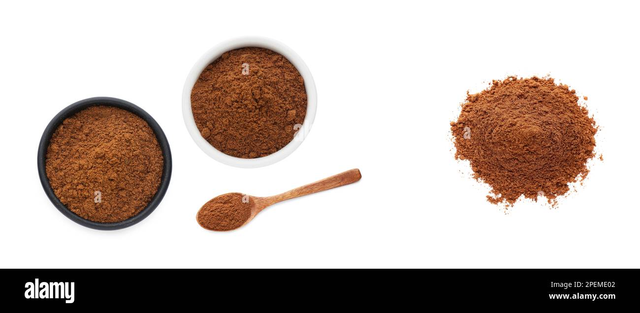 Set with nutmeg powder on white background, top view. Banner design ...
