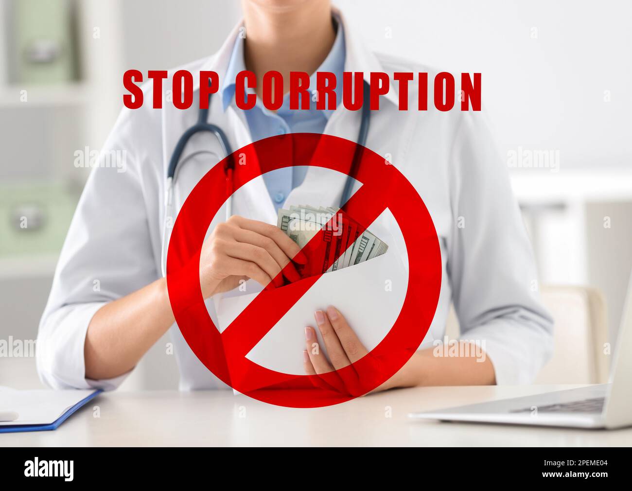 Stop corruption. Illustration of red prohibition sign and doctor with ...