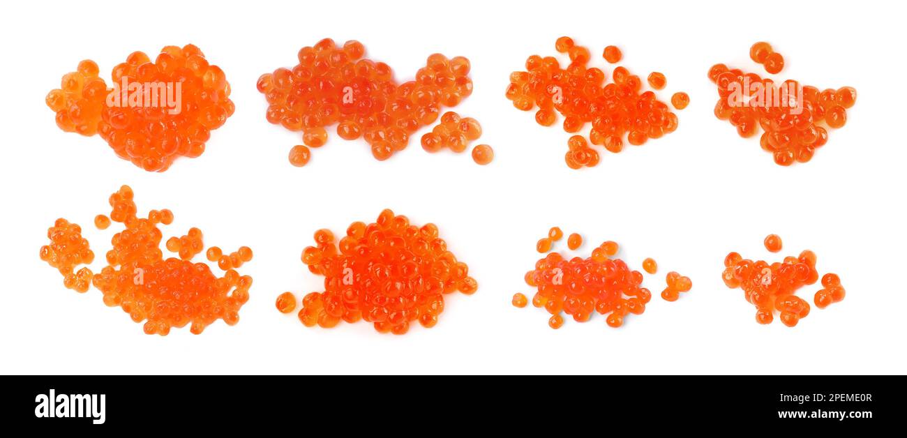 Set with delicious red caviar on white background. Banner design Stock ...