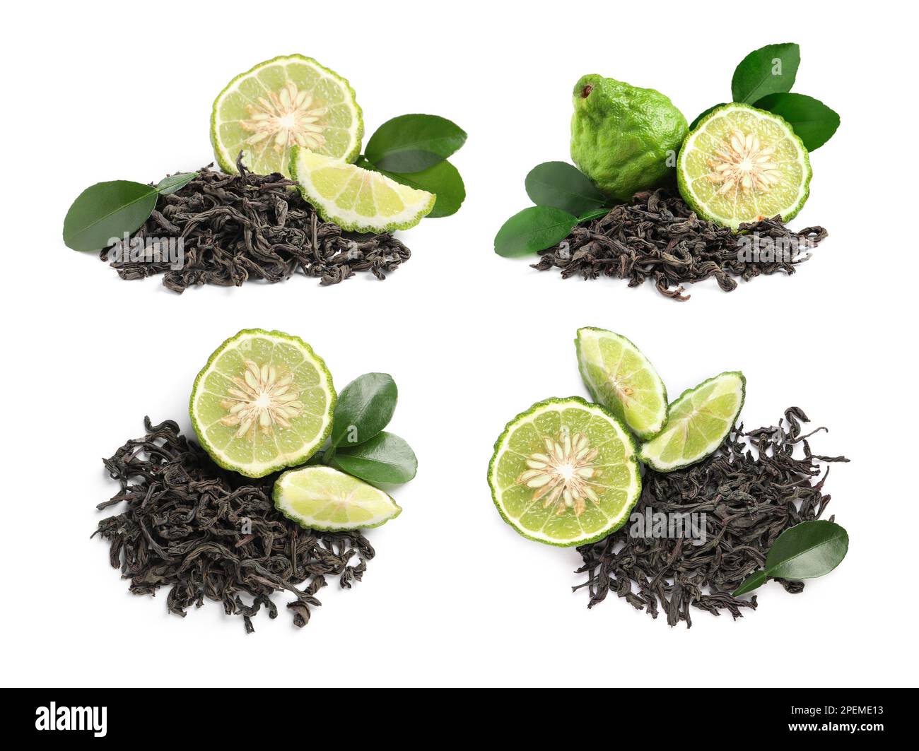 Set with dry tea leaves and bergamot fruits on white background Stock ...