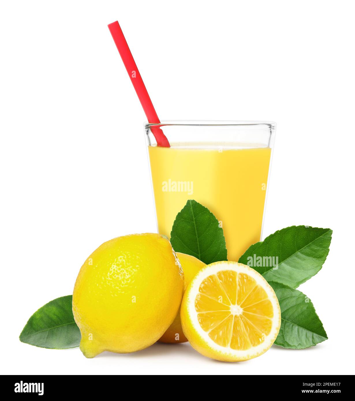Glass of lemon juice, fresh fruits and green leaves on white background ...
