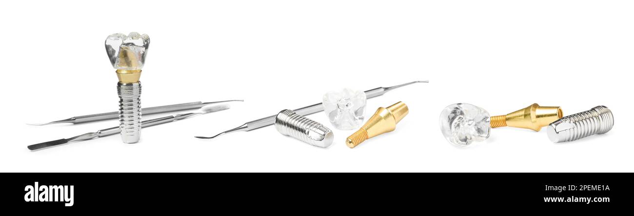 Educational models of dental implants and medical tools on white ...