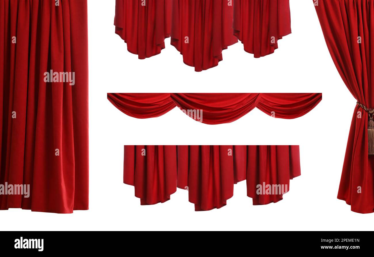 Set with beautiful red curtains on white background Stock Photo - Alamy