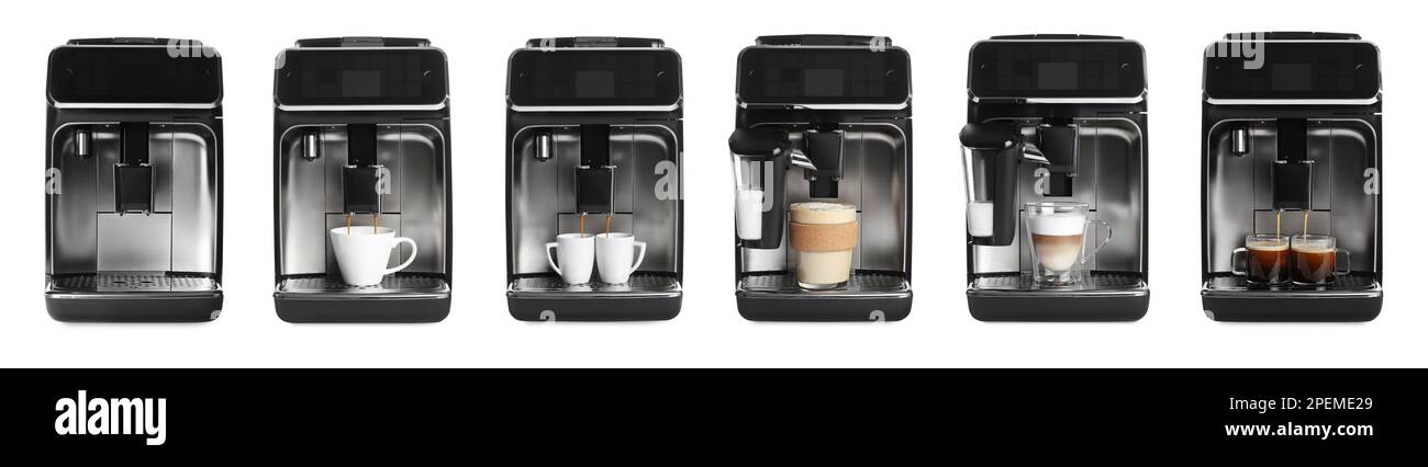 Set with modern electric coffee machines on white background. Banner ...