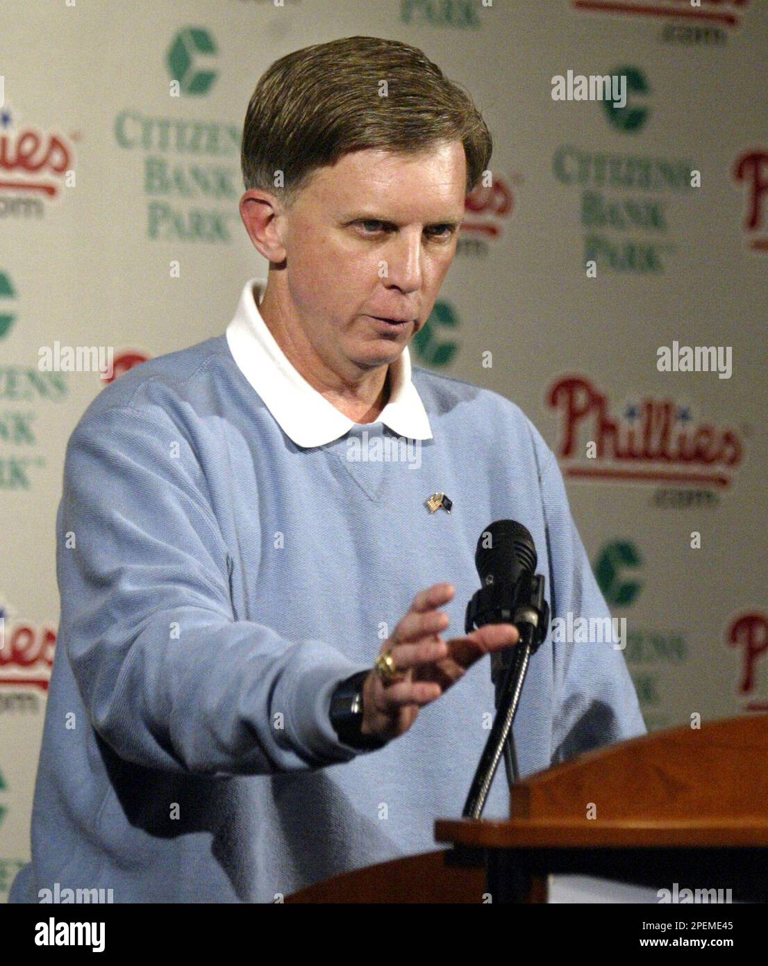 Philadelphia Phillies vice president and general manager Ed Wade speaks ...