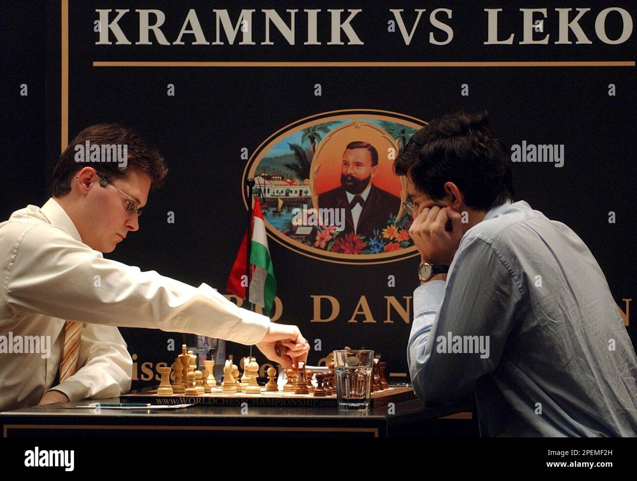 Challenger Peter Leko from Hungary, left, moves against world chess ...
