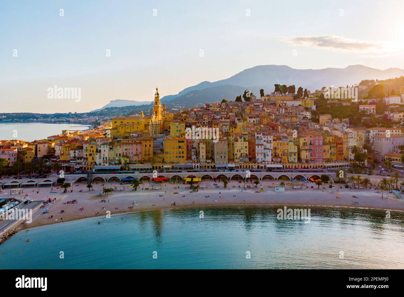 colorful old town Menton on the french Riviera, France. Drone aerial ...